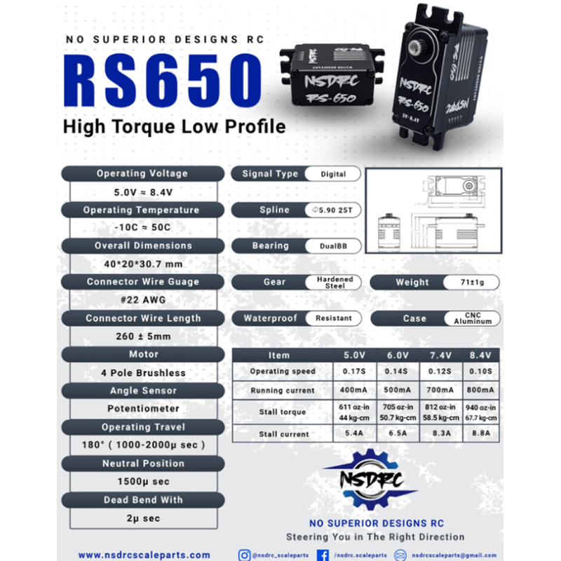 Servo Brushless waterproof RS650 High Torque Low Profile 8,4 V NSDRC - NSD-RS650